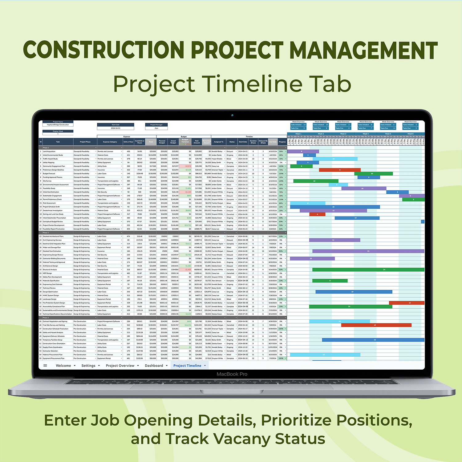 Construction Project Management Spreadsheet Template